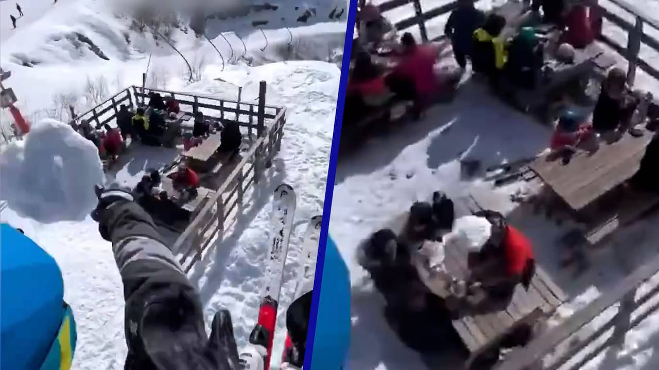 Skiër gooit enorme sneeuwbal uit skilift en treft Fransman op terras ...