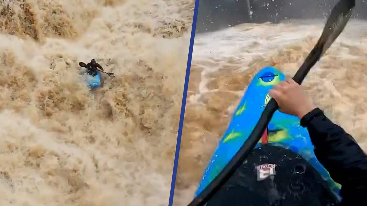 Amerikaan kajakt op kolkende rivier na zware regenval | NU.nl